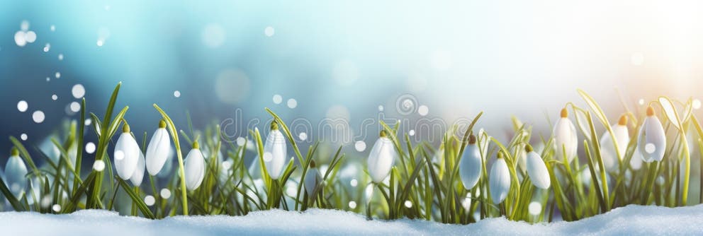 A Group of Snowdrops Sitting in the Snow, Header, Footer, Panoramic ...