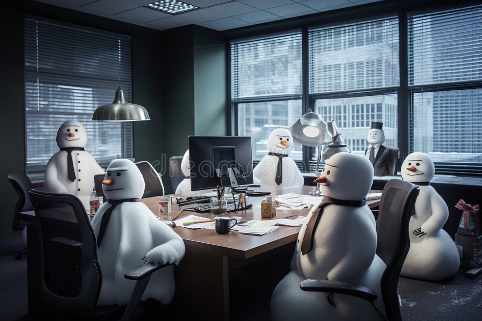 A Group of Snowmen Dressed in Business Suits Work in an Office ...