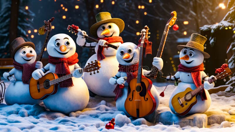 Group of Snowmen with Instruments and Snowman with Violin. Generative ...