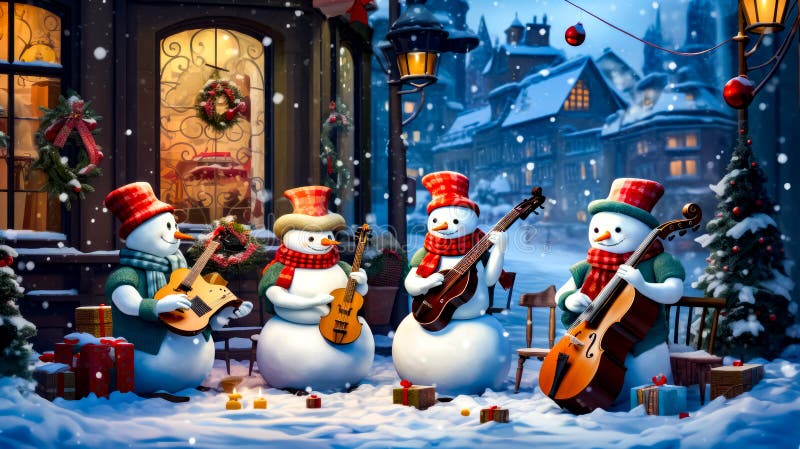 Group of Snowmen Playing Guitars and Singing in the Snow with Sunset in ...