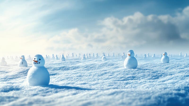 A Group of Snowmen Standing in a Field with Blue Sky, AI Stock ...