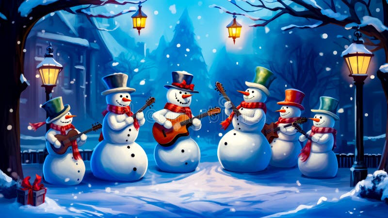 Group of Snowmen Standing Next To Each Other in Front of Forest ...