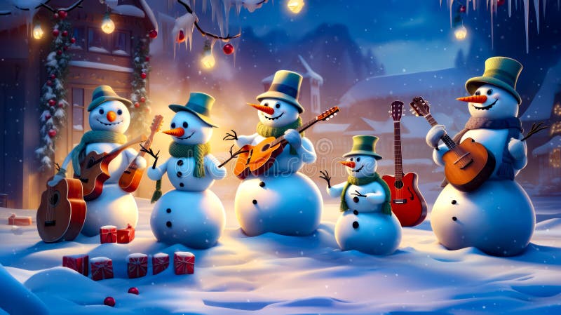 Group of Snowmen Standing Next To Each Other on Snow Covered Ground ...