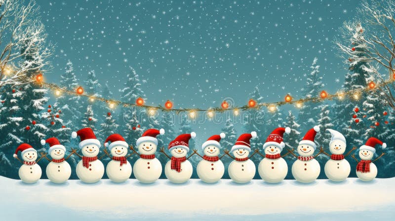 A Group of Snowmen are Standing in a Row with Santa Hats, AI Stock ...