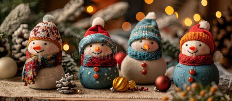 Group of Snowmen Standing Together Stock Photo - Image of cold ...