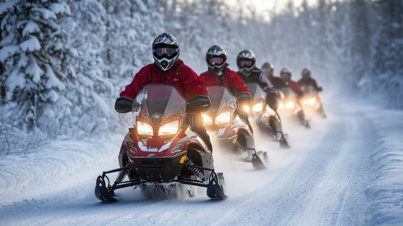 Group of Snowmobiles in Lapland Stock Image - Image of snowmobiling ...