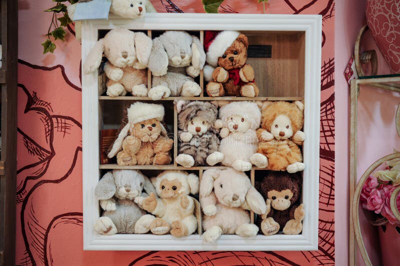 Group of Soft Stuffed Toys on Shelf Stock Image - Image of fluffy ...