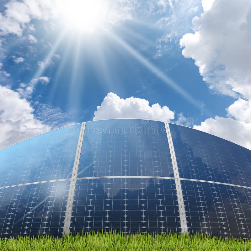 Group of Solar Panels on Blue Sky with Clouds and Sun Rays Stock Image ...