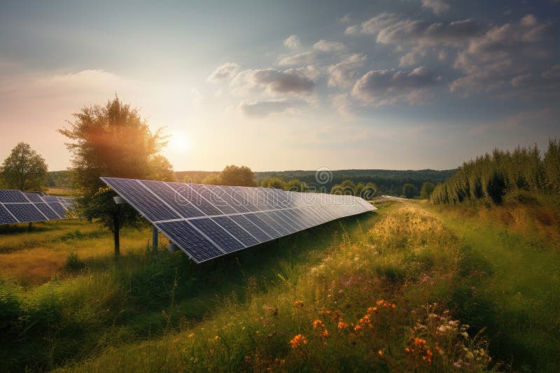 Group of Solar Panels and Installations in a Field, Surrounded by ...
