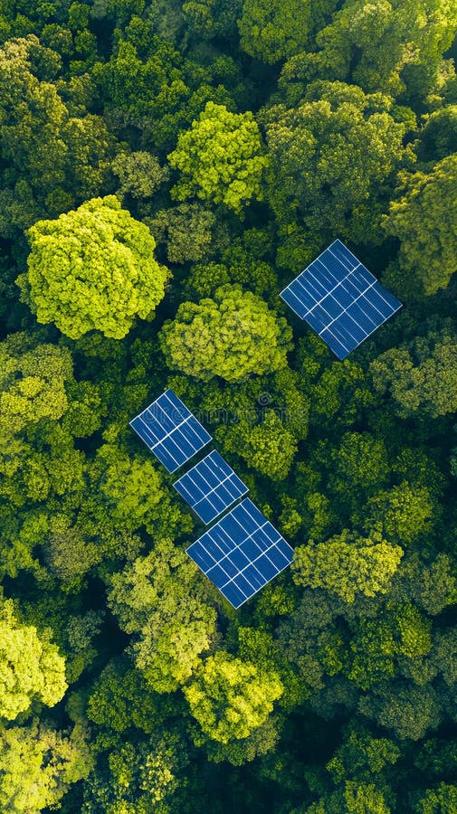 A Group of Solar Panels in the Middle of a Forest Stock Photo - Image ...