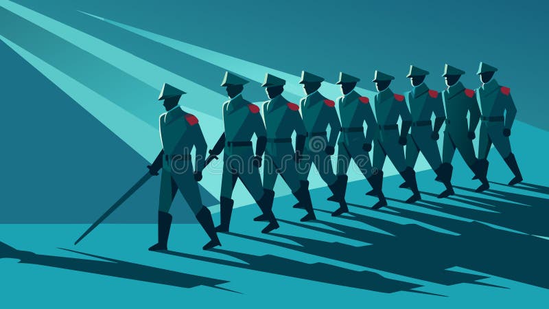 A Group of Soldiers March in Formation Their Long Shadows Stretching ...