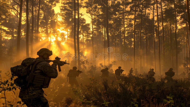 Group of Soldiers Navigating through a Dense Forest during Golden Hour ...