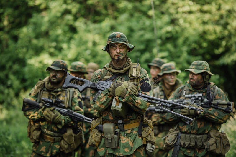 Group of Soldiers Special Forces during the Raid in the Forest Stock ...