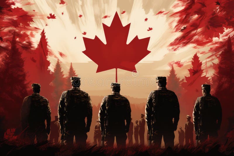 A Group of Soldiers Standing in Front of a Canadian Flag Stock ...