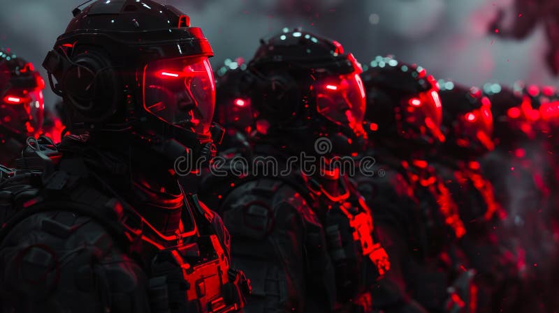 A Group of Soldiers Standing in a Line with Red Lights Stock Photo ...