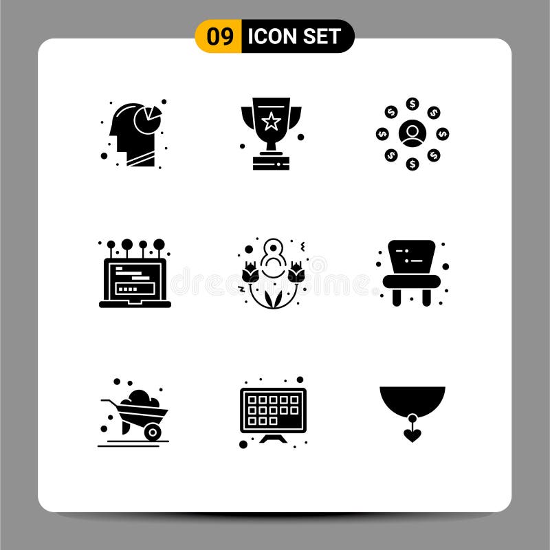 Group of 9 Solid Glyphs Signs and Symbols for Happy, Computer, User ...