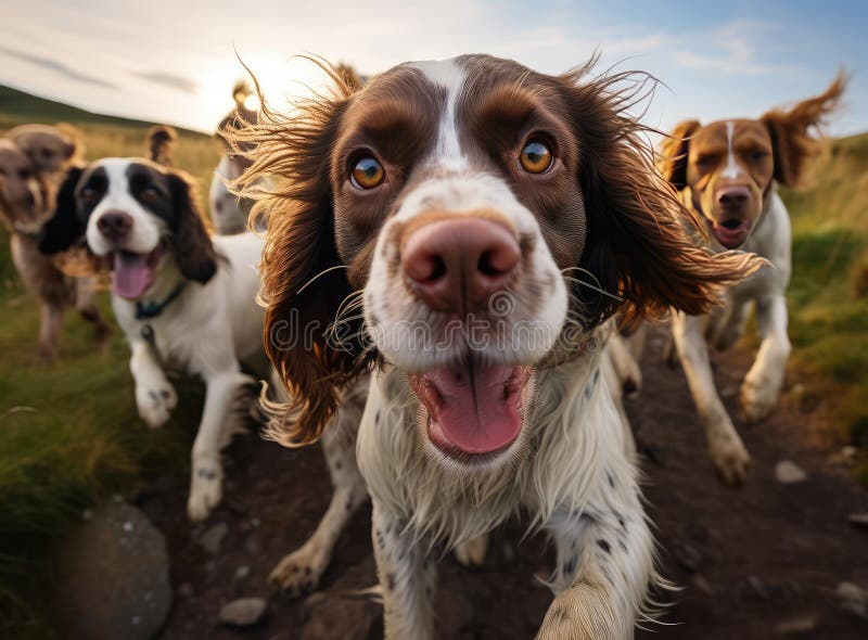 A Group of Spaniels Looking at the Camera Stock Image - Image of animal ...