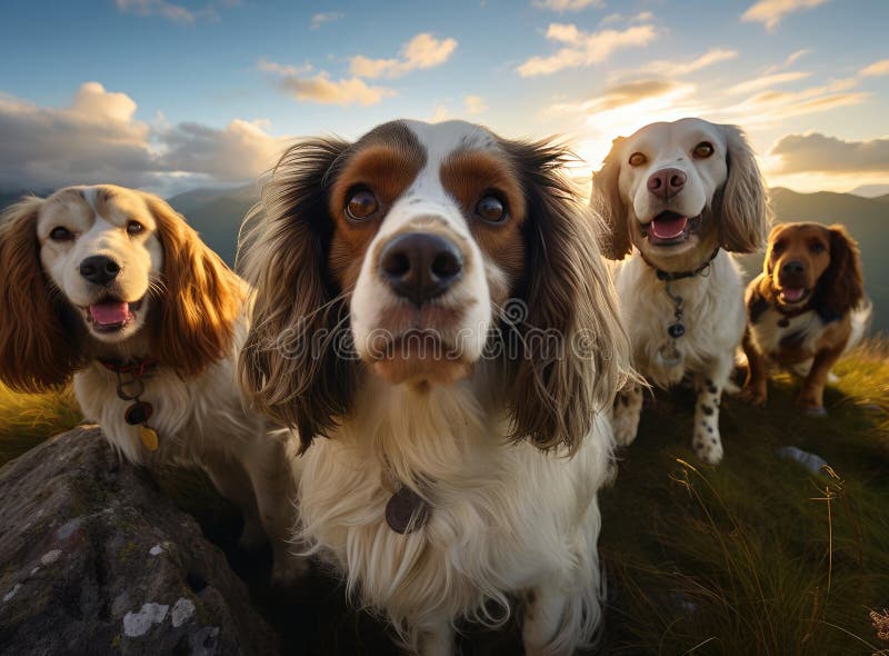 A Group of Spaniels Looking at the Camera Stock Image - Image of ...