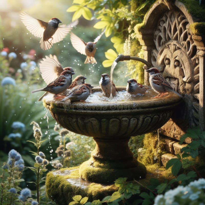Group of Sparrows Enjoy a Moment of Cleanliness in Bird Bath Stock ...