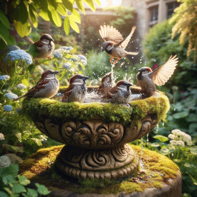 Group of Sparrows Enjoy a Moment of Cleanliness in Bird Bath Stock ...