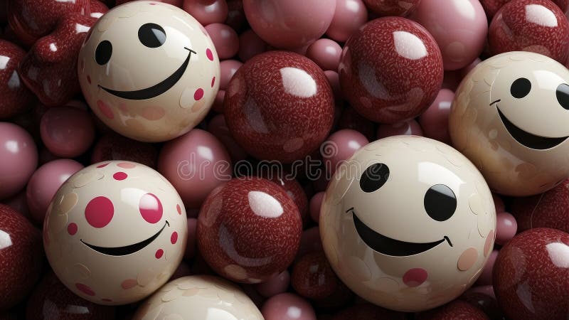 Group of Spherical Red and Cream Smiley Faces Made of Shiny Plastic ...