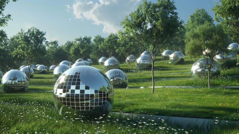 A Group of Spherical Solar Panels P on a Large Field with Trees and ...