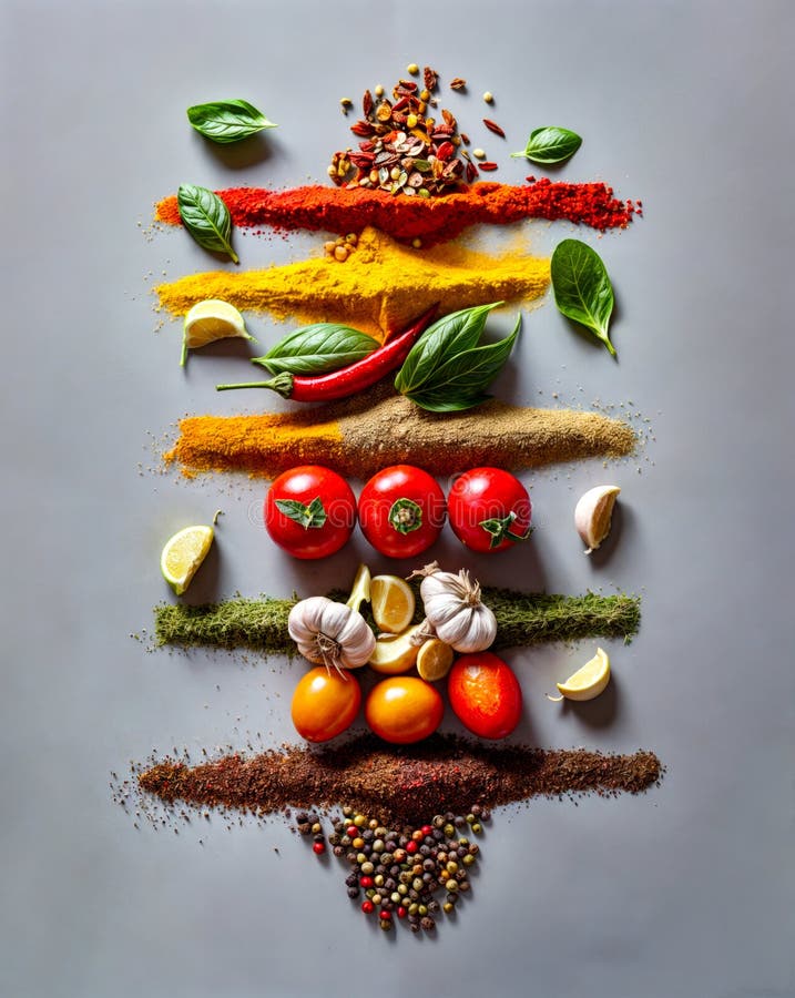 Group of Spices and Vegetables Arranged in Pyramid on Gray Surface ...