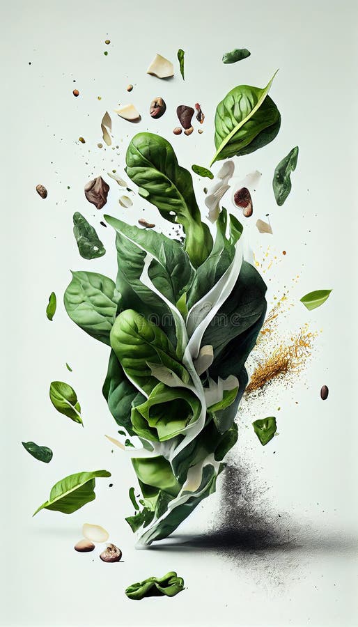 Group of Spinach Leafy Vegetable Creatively Falling-Dripping Flying or ...