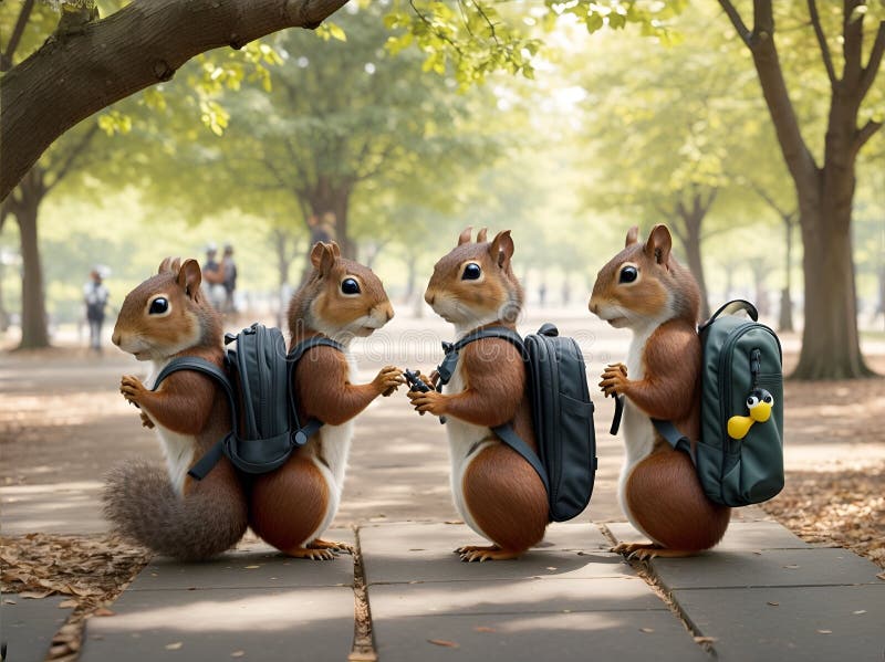 Group of Squirrels Going To School Cute Cartoon Leaf Background Stock ...