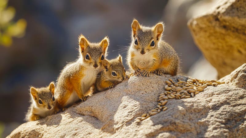 A Group of Squirrels Sitting on Top of a Large Rock Stock Image - Image ...