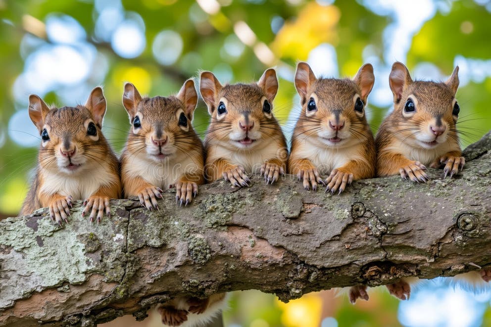 A Group of Squirrels Sitting on Top of a Tree Branch Stock Photo ...