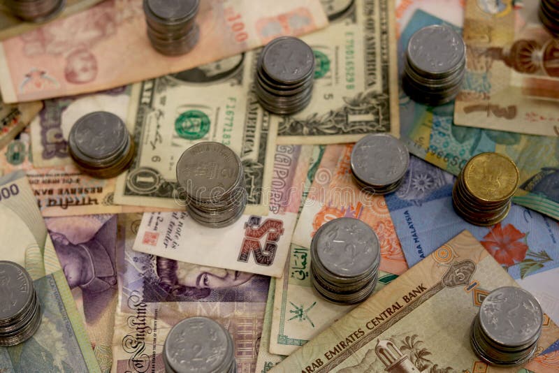 Group of Stack Currency Coins and Notes on Table - Image Stock Image ...