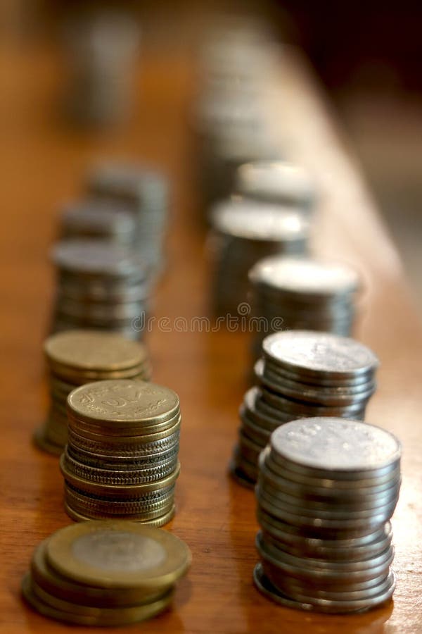 Group of Stack Currency Coins on Table Stock Photo - Image of wooden ...