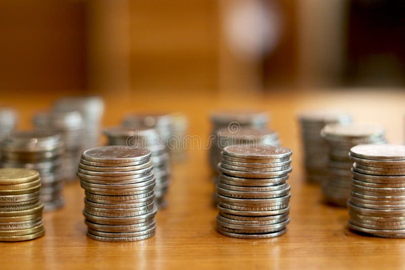 Group of Stack Currency Coins on Table Stock Image - Image of financial ...