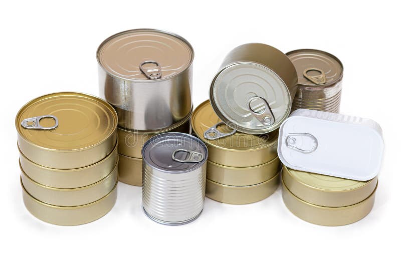 A Group of Stacked Tin Cans with Blank Edges Isolated on White Stock ...