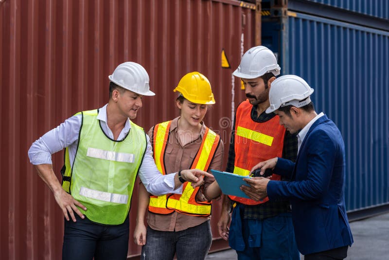 Group of Staff Worker Standing and Checking the Containers Box from ...