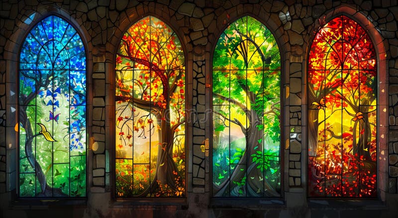 A Group of Stained Glass Windows in a Stone Wall Stock Photo - Image of ...