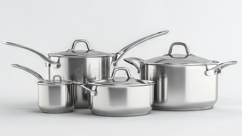 A Group of Stainless Steel Pots and Pans on a White Background Stock ...