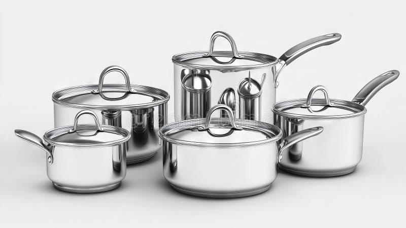 A Group of Stainless Steel Pots and Pans on a White Background Stock ...