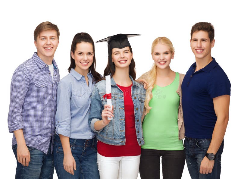 Group of Standing Smiling Students with Diploma Stock Photo - Image of ...