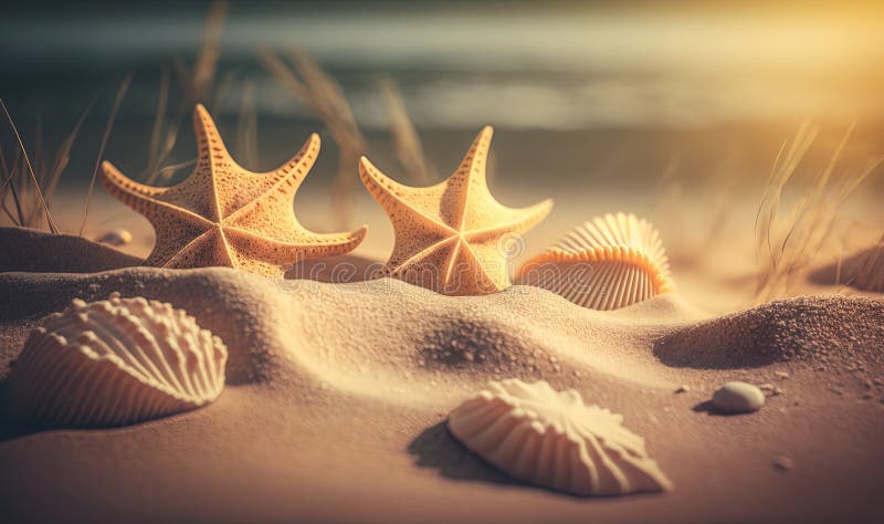 A Group of Starfish on a Sandy Beach at Sunset Stock Illustration ...