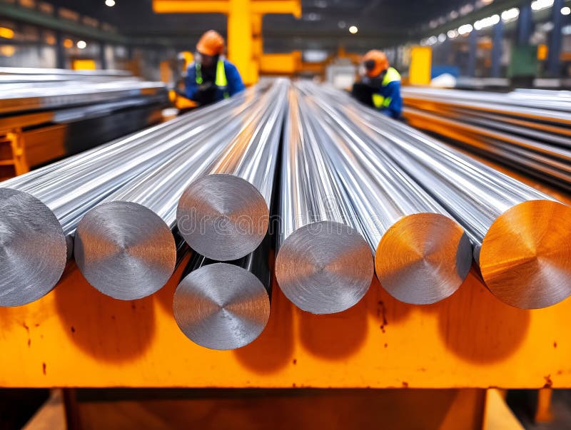 A Group of Steel Rods Sitting on Top of a Table in a Factory Stock ...