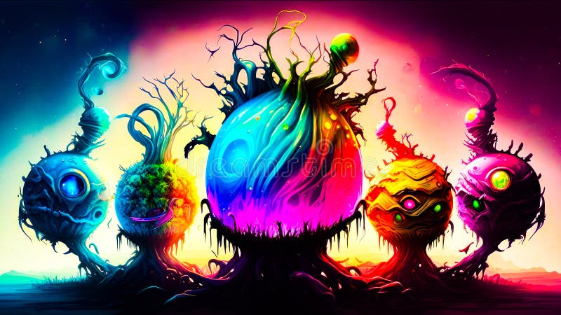 Group of Strange Looking Objects in the Middle of Painting. Fantasy ...