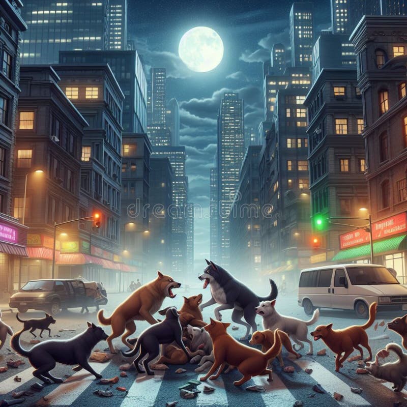A Group of Stray Dogs Fighting in the Middle of the City Stock ...