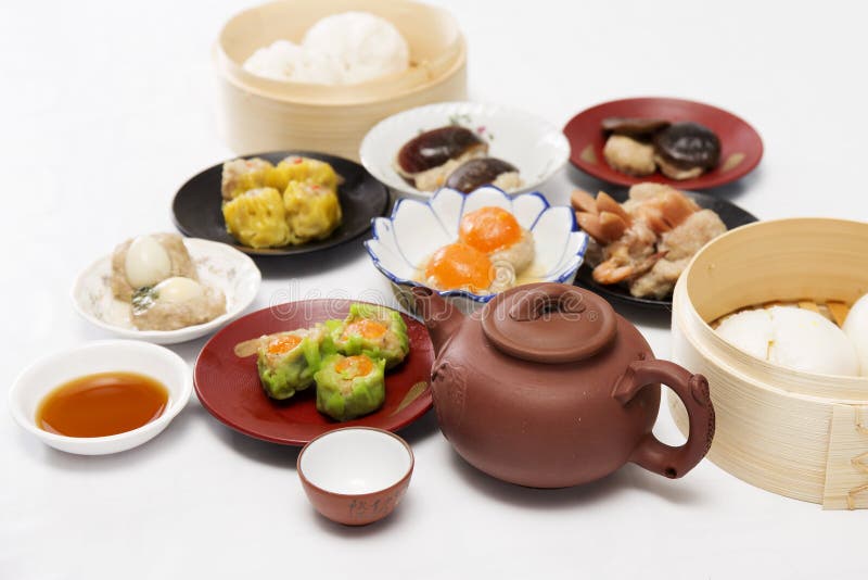 Group of Stream Dim Sum Chinese Food and Hot Tea Stock Image - Image of ...