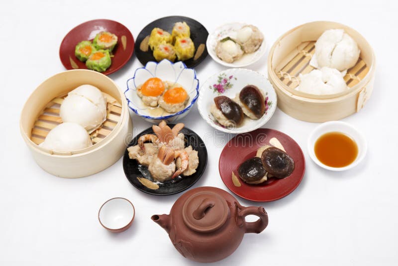 Group of Stream Dim Sum Chinese Food and Hot Tea Stock Image - Image of ...