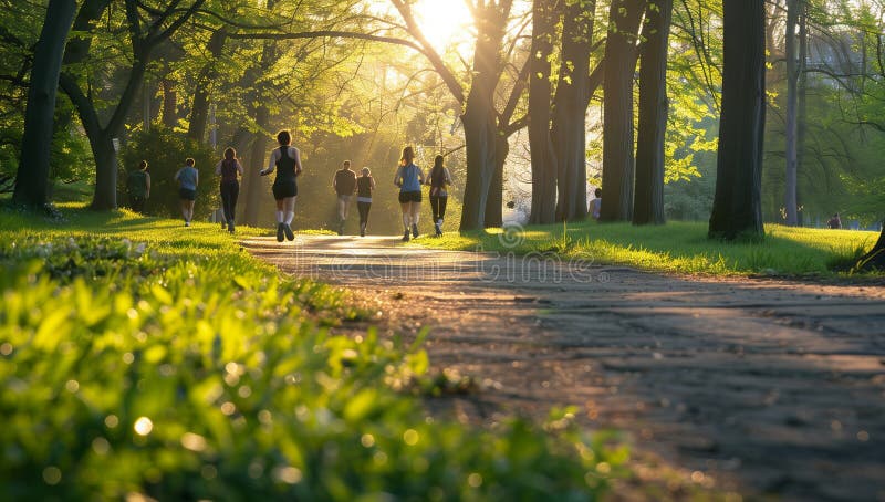 A Group Strolls through the Park, Passing by Trees, Grass, and Asphalt ...