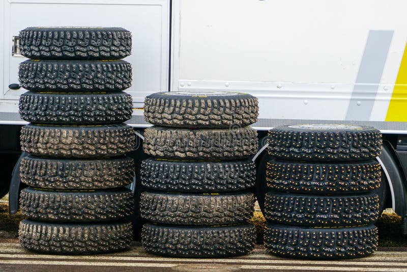 Group of Studded Snow Tires for Rally for Use in Winter Rally Stages ...