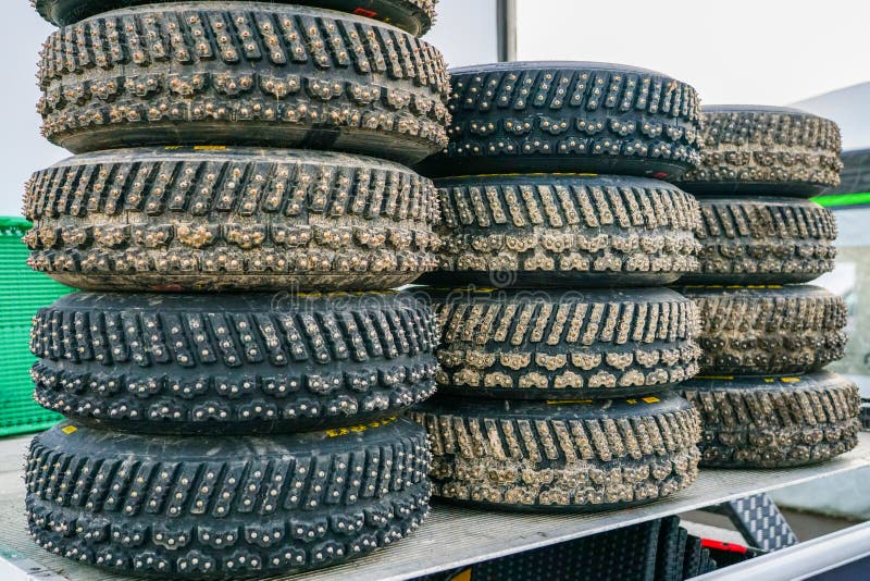 Group of Studded Snow Tires for Rally for Use in Winter Rally Stages ...