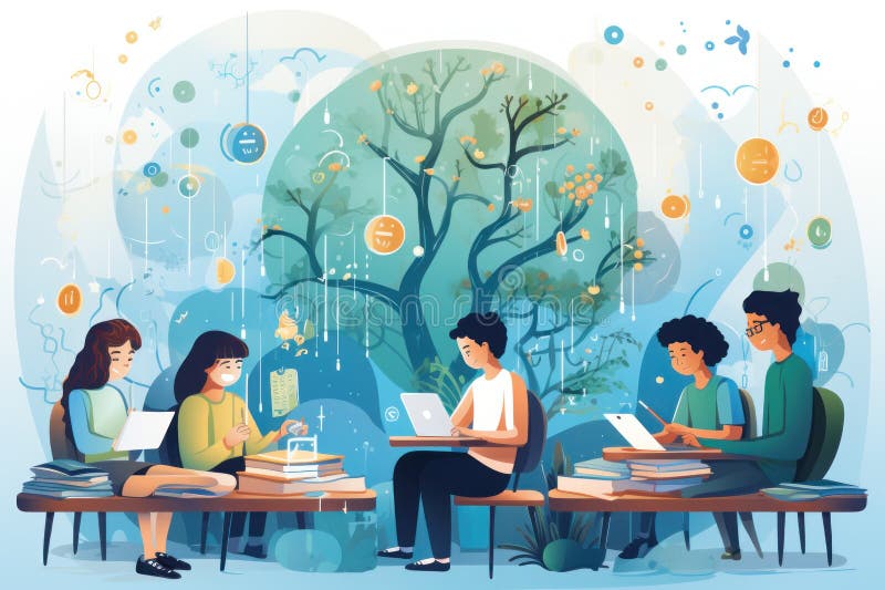 Group Student in Class Room, Students in a Library, Round Table ...